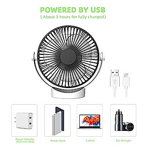 Ymumuda Desk Fan - 3 Speeds Desktop Table Cooling Fan, 6.5 Inch Rechargeable Portable Fan, Strong Airflow & 360°Rotation Adjustable, Powered by USB, Table Fan for Home Office - White