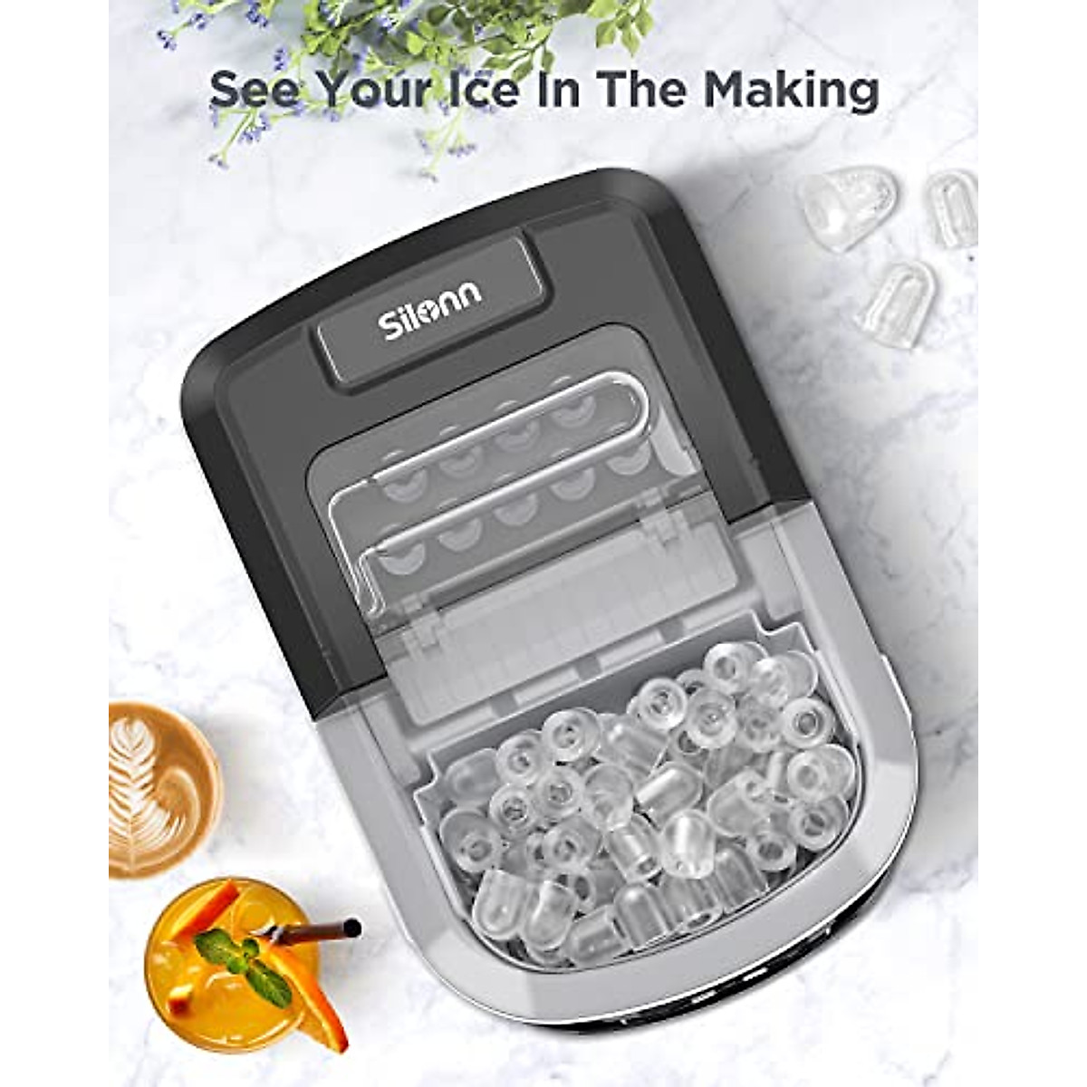 Silonn Ice Maker Machine Countertop, 26 lbs in 24 Hours, 9 Cubes Ready in 6 Mins, Self-Clean Ice Maker Compact Portable Ice Maker with Ice Scoop and Basket