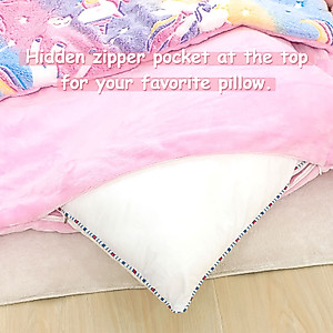 Sleeping Bag for Kids with Pillow Pocket, Toddler Nap Mat 63" x 30" Toddler Slumber Bag Glow in The Dark Blanket Fluffy with Padded Mat for Boys, Girls, Daycare, Preschool, Sleepover, Rainbow Unicorn