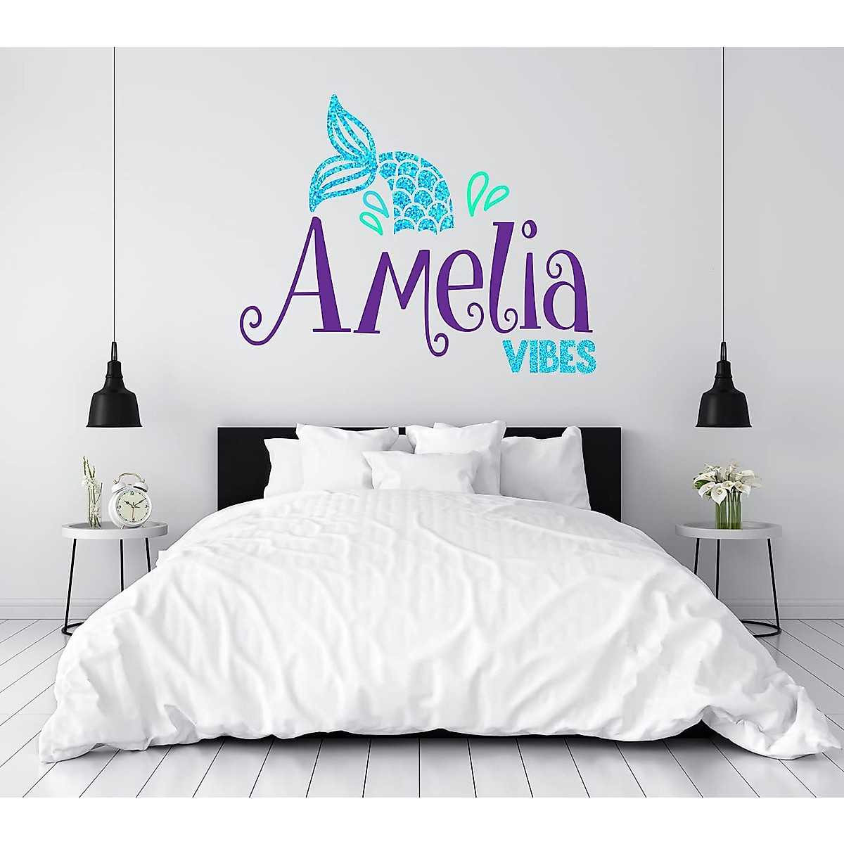Mermaid Custom Name Wall Decal - Girls Personalized Name Mermaid Tail Wall Sticker - Sparkle Mermaid Wall Decor - Girls Personalize Name Wall Art Sticker - Wall Decal for Nursery Playroom Bedroom Decoration (Wide 15"x11" Height)