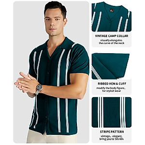 V VALANCH Men's Vintage Shirts Retro Stripes Polo Shirts Short Sleeve Button Closure Knitting Shirts