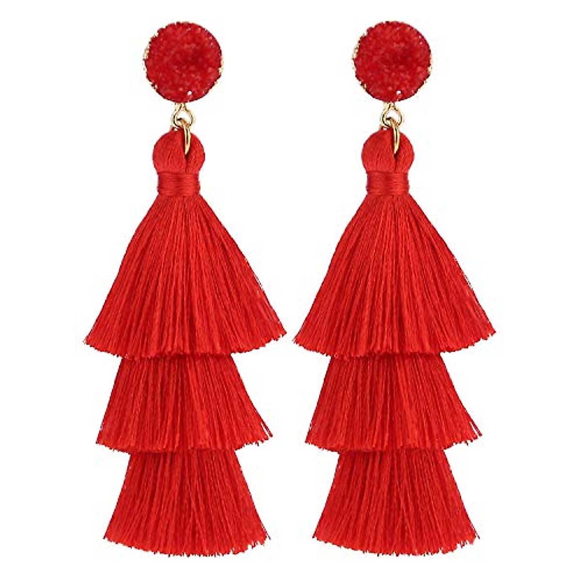 LEGITTA Red Tassel Earrings with Druzy Stud Layered Tiered Linear Drop Dangle Fashion Bohemian Earrings for Women