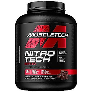 Muscletech Whey Protein Powder (Chocolate Fudge Brownie, 4LB) - Nitro-Tech Ripped Whey Protein Isolate & Peptides Smoothie Mix for Lean Muscle & Fast Recovery - 30g of Whey Protein for Women & Men