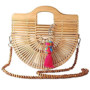 GLVOOI Bamboo Purse Straw Bag Basket Purse Beach Purse Bamboo Handbag Straw Beach Bag Straw Purses for Women Large Tote Bag