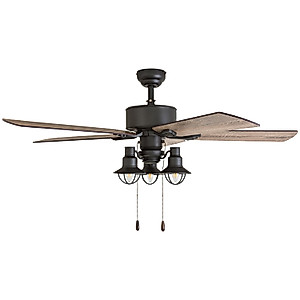 Prominence Home Sivan, 52 Inch Farmhouse LED Ceiling Fan with Light, Pull Chain, Three Mounting Options, 5 Dual Finish Blades, Reversible Motor - 50651-01 (Bronze)