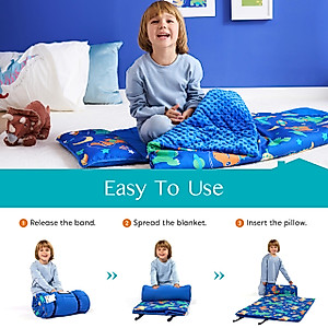 JOIEDOMI Toddler Nap Mat with Pillow & Blanket - 55''*30'' for Kids Ages 3-7 Years - Roll Up Nap Mat for Preschool - Soft Dinosaur Kids Sleeping Mat - for Boys Girls Kindergarten Daycare Sleepover