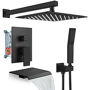 gotonovo 10'' Rain Shower Faucet System Rainfall Shower Head with Handheld Sprayer Waterfall Tub Spout Wall Mounted Mixer Combo Rough-in Valve and Trim Included 7.9 Inch Wide Spout Matte Black