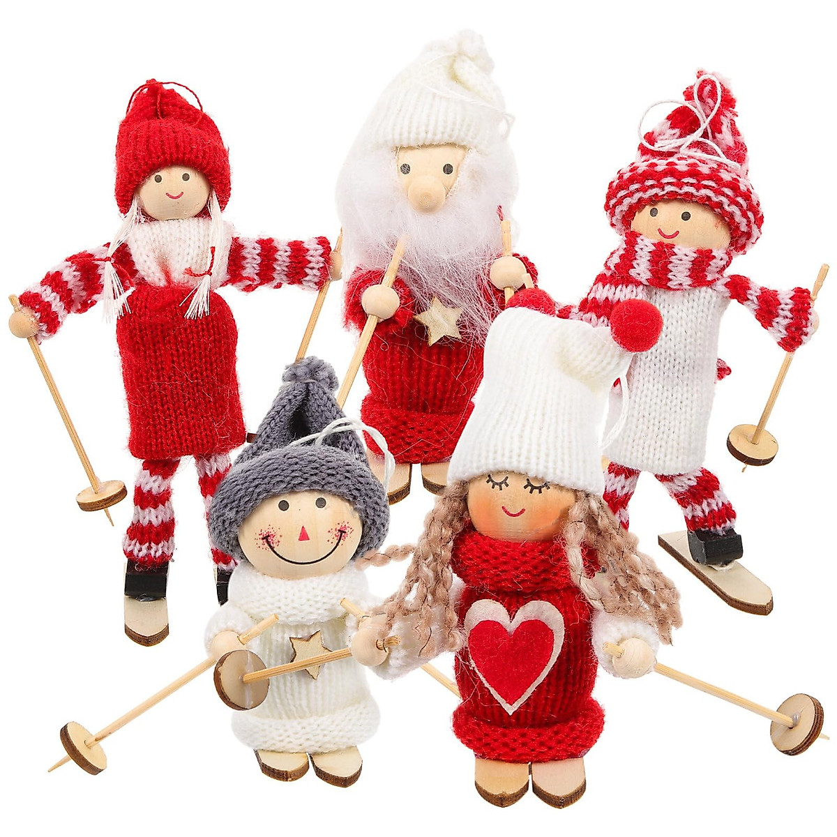 Amosfun Christmas Figurine Holiday Wooden Figure Miniature Ski Doll Ornament Gift Table Adults 5pcs (Mixed Pattern)