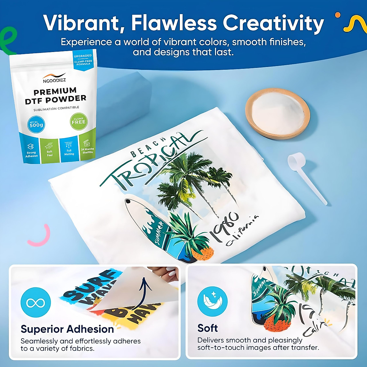 NGOODIEZ DTF Powder Digital Transfer - Hot Melt Adhesive, DTF Pretreat Transfer Powder for Direct Printing on Any Colored/White Fabric, Adhesive Powder for DTF Printer & Film (White, 17.6 oz / 500 g)