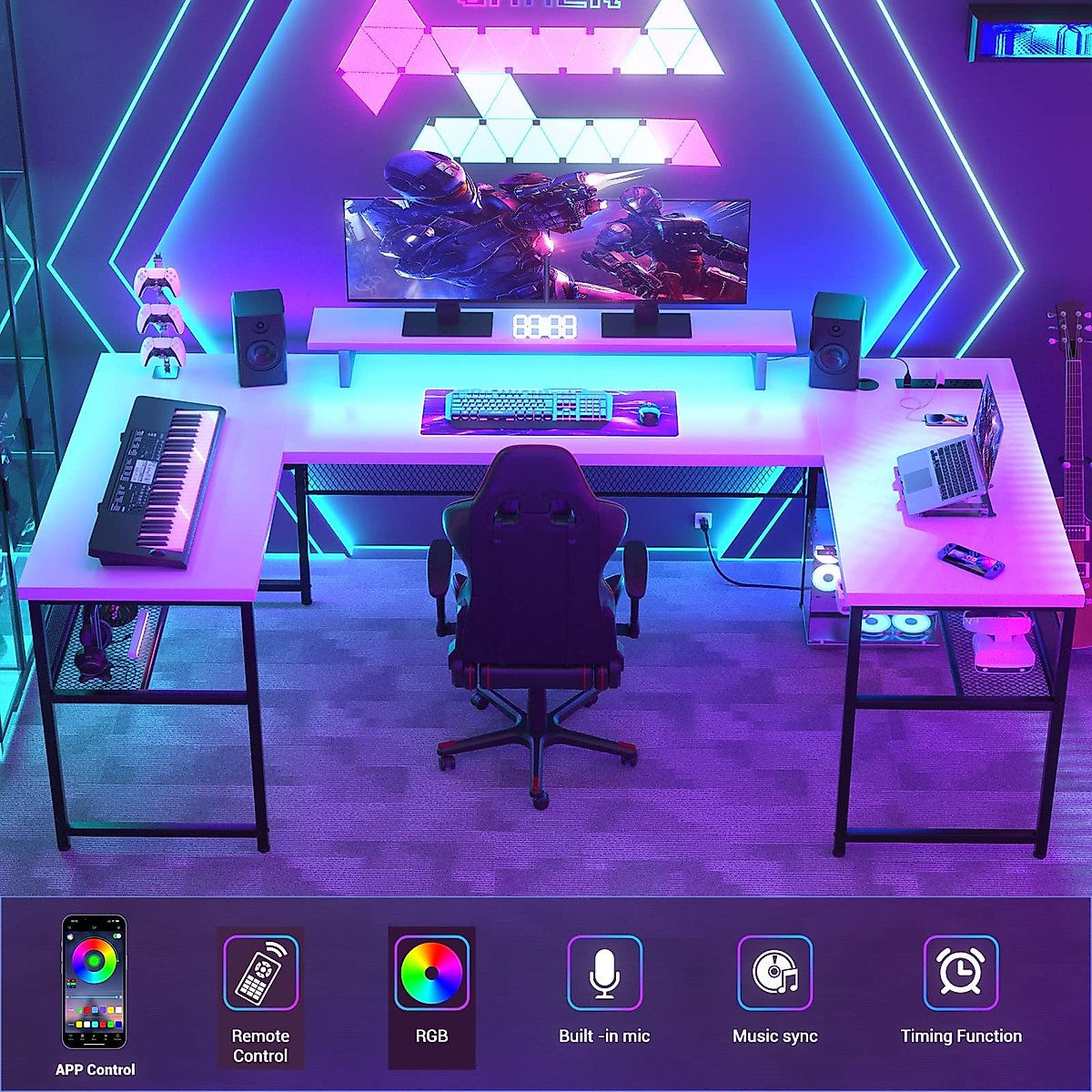 Unikito U Shaped Computer Desk with LED Strip and Power Outlets, Reversible Large Office Desk with Monitor Stand and Storage Shelves, 2 Person L Shaped Gaming Table, 83 Inch U Shape Corner Desk, White