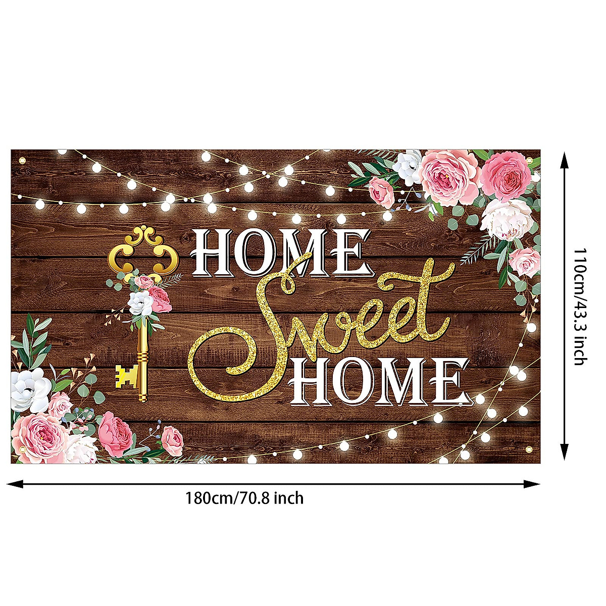 House Warming party Decoration Home Sweet Home banner Backdrop Photography Key Shining Lights Background Pink Floral Wooden Floor Wedding Photo Booth Props 70.8x43.3inches