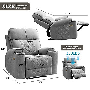 ANJ Classic Power Recliner Chair, Overstuffed Electric Recliners with USB Type-C Port Double Layer Backrest and Cup Holders, Comfy Reclining Single Sofa for Living Room
