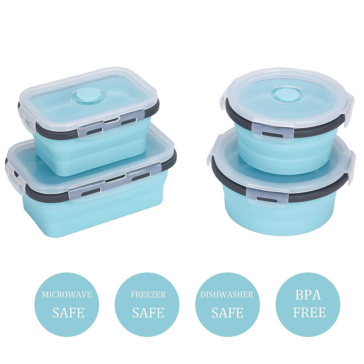 KUON Collapsible Silicone Food Storage Containers with Airtight Lids, Set of 4 Stacking Container, Microwave and Freezer and Dishwasher Safe, with Vent Valve, BPA Free (350ml and 500ml)