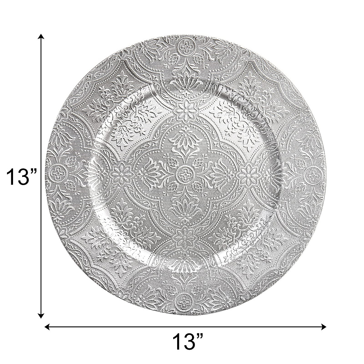 Elsjoy Set of 12 Plastic Silver Charger Plates, 13 Inch Decorative Plate Charger for Dinner Plates, Embossed Vintage Disposable Serving Plate for Home, Party, Wedding, Events