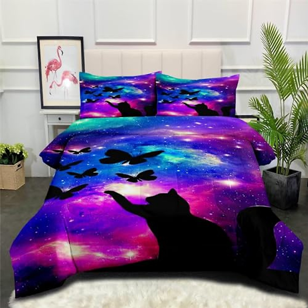 GIVOOKO Kids Comforter Set Twin Butterfly Bedding Sets Cute Cat Bedding Comforter Sets for Girls Teens Adults 2 Pieces(1 Comforter and 1 Pillowcase)