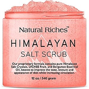 Natural Riches Himalayan Salt Exfoliating Body Scrub Lychee Bergamot Essential oil with Vitamin C - (12 Oz / 340 gm) Moisturize Deep Cleansing foot scrub body skin exfoliator