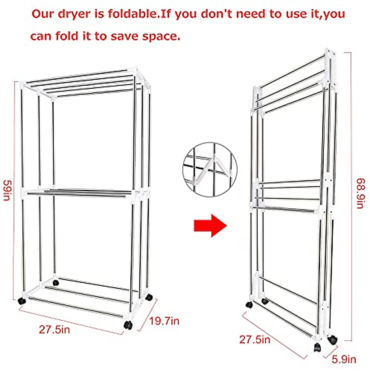 Clothes Dryer 110V Electric Foldable 2-Tier Drying Machine with Remote Control Heater Double Layer Stainless Steel Rack for Home,Apartment,Hotel,Student Dorm