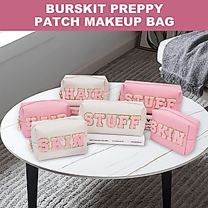 Burskit Preppy Patch Skincare Bag Travel Makeup Bag Varsity Letter Cosmetic Toiletry Cute Bag for Teen Girls PU Leather Portable Zipper Pouch Storage Purse Waterproof Organizer (Pink)