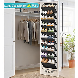 AOODA 10 Tier Clear Over the Door Shoe Organizer Storage, Deep Pockets Large Hanging Shoe Rack for Closet Door, Fit 20 Pairs Shoe Holder Hanger for Sneakers, Boots (Black)