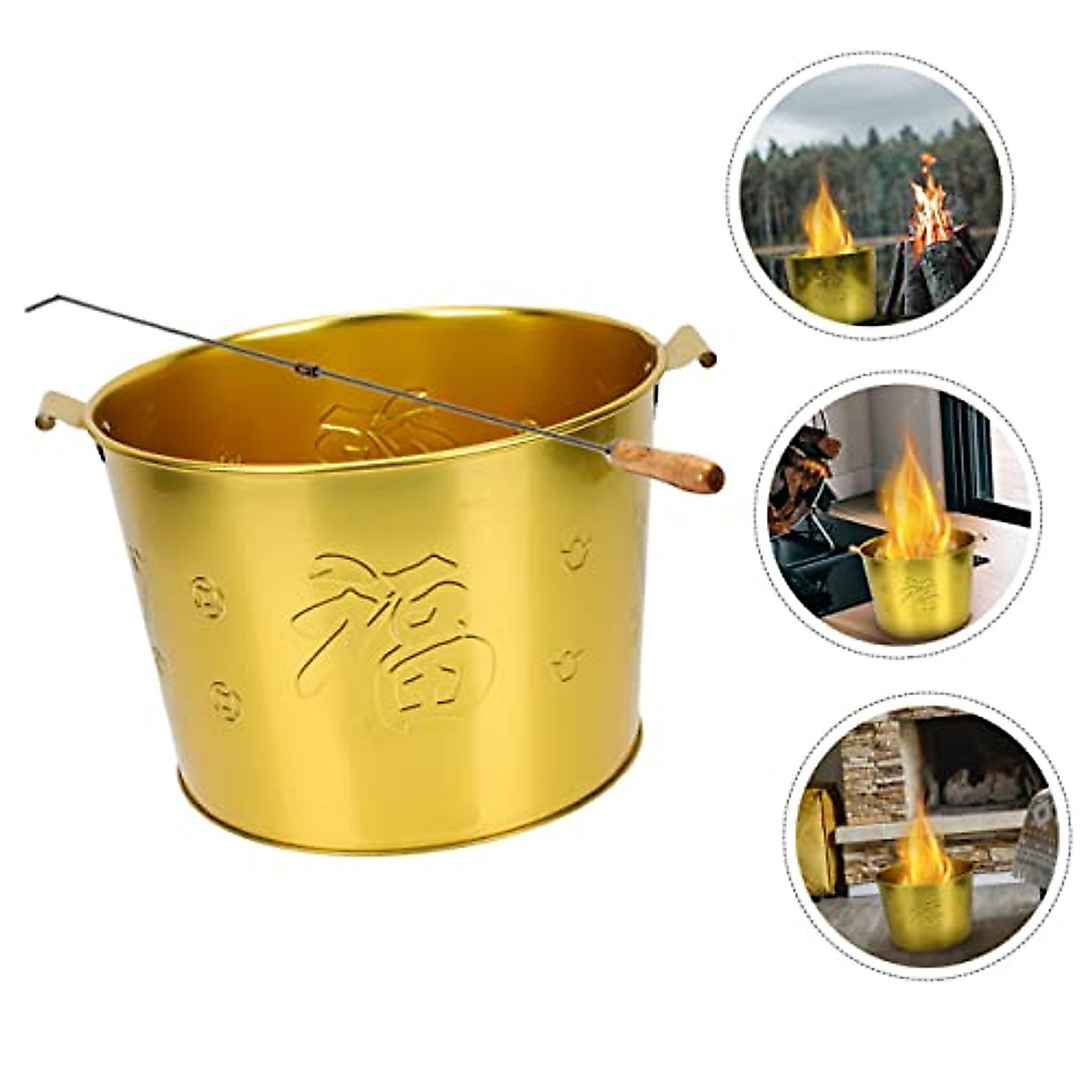 Veemoon Trash Golden Steel Leaves Bonfire Leaf Ash Fortune Bin Garden Wood Tongs Home Paper Barrel Hook Can Fireplace Fire Pit Stainless Bucket Money Sacrifice with Basin Yard Backyard