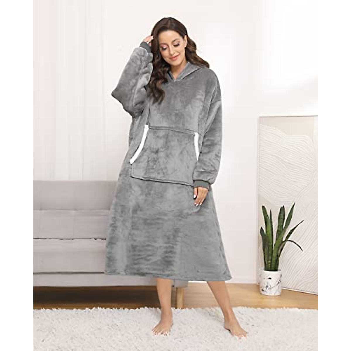 Sendowtek Wearable Blanket for Women Men Long Sherpa Hoodie with Giant Pocket Cosy OneSize Hoodie Blanket Fit for Adult Teens (Grey)