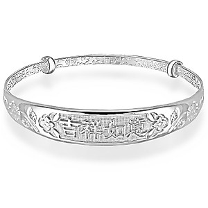 Merdia Women's 999 Solid Sterling Silver Chinese Style Luck Adjustable Bangle Bracelet for Women, Ladies and Elder | Lucky Jewelry for Women | Sterling Silver Bangle