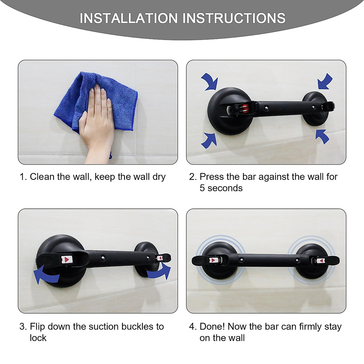 Suction Grab Bar for Shower Bathtub: Upgraded Heavy Duty Non-Slip Grip Handle with Strong Suction Cup for Bathroom Wall, Max Load 269LBS Safety Bar for Elderly Senior Disabled Handicap, 17 Inch, Black