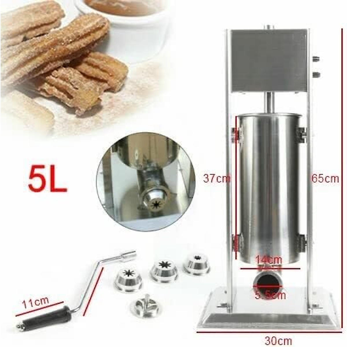 Commercial Churros Maker, Heavy Duty Waffle Makers, 5L Stainless Steel Manual Spanish Donut Churrera Machine with 4pcs Nozzles for Home Restaurants Cafeterias Bakeries