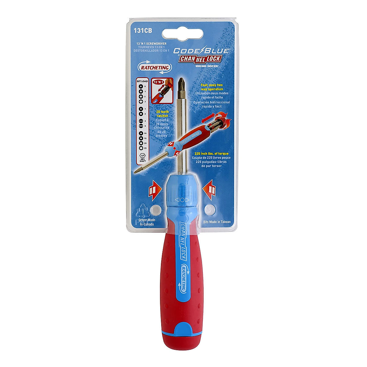 Channellock 131CB 13-in-1 Ratcheting Screwdriver | Multi-Bit Storage | 1/4-Inch Nut Driver | Quick-Load Handle with Cushion Grip | 28-Tooth Ratchet Mechanism Provides up to 225 lbs. of Torque , Red