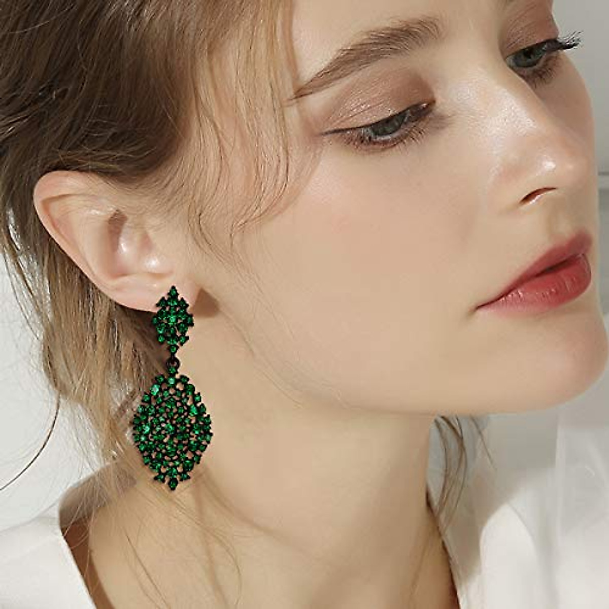 Flyonce Women's Austrian Crystal Party Hollow-out Teardrop Pierced Dangle Earrings Green Black-Tone