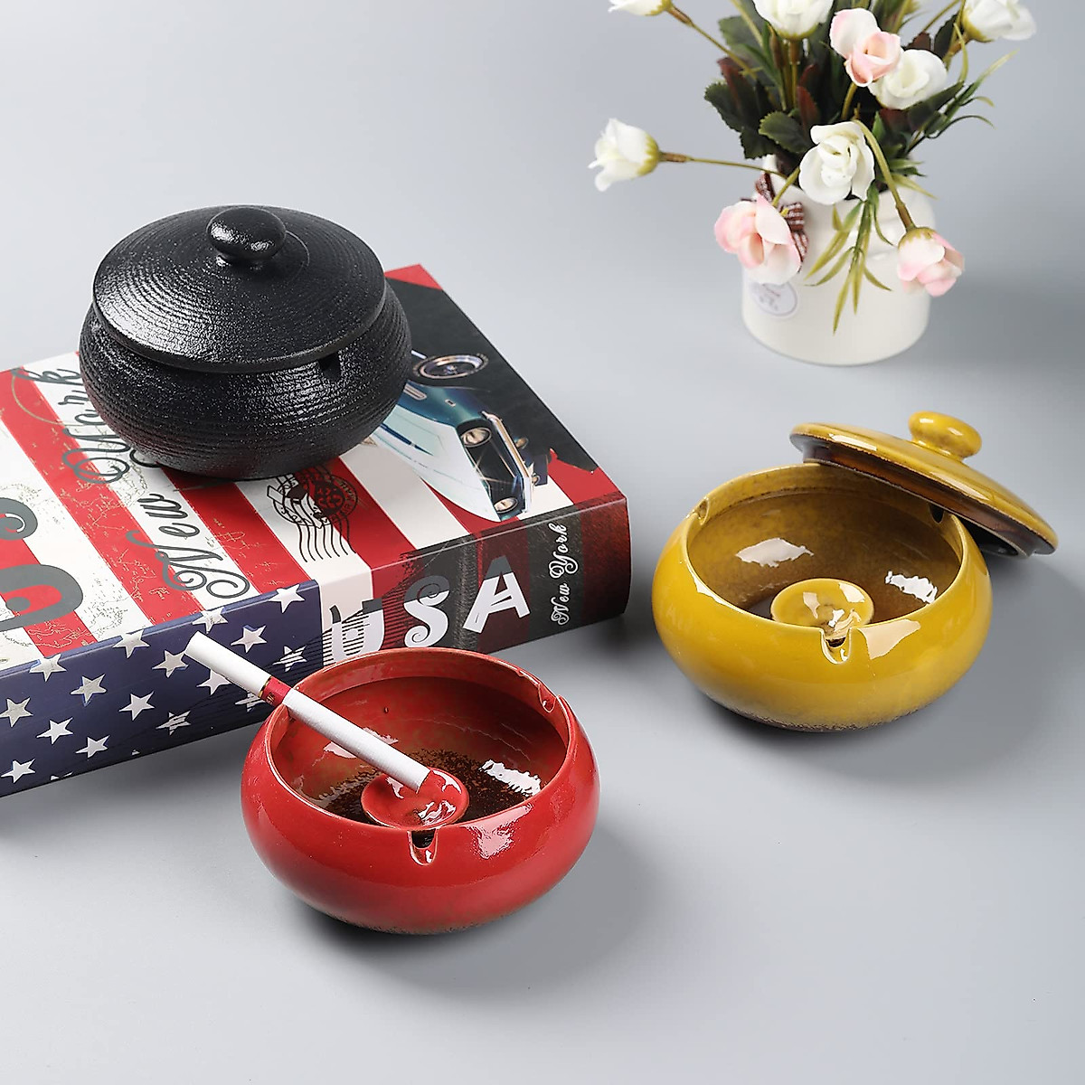 SRECATY Transmutation Glaze Ceramic Ashtray with Lid for Cigarette Outdoor Windproof Ash tray Sets for Smokeless Home Ashtrays Outside for Patio Garden Balcony - Yellow