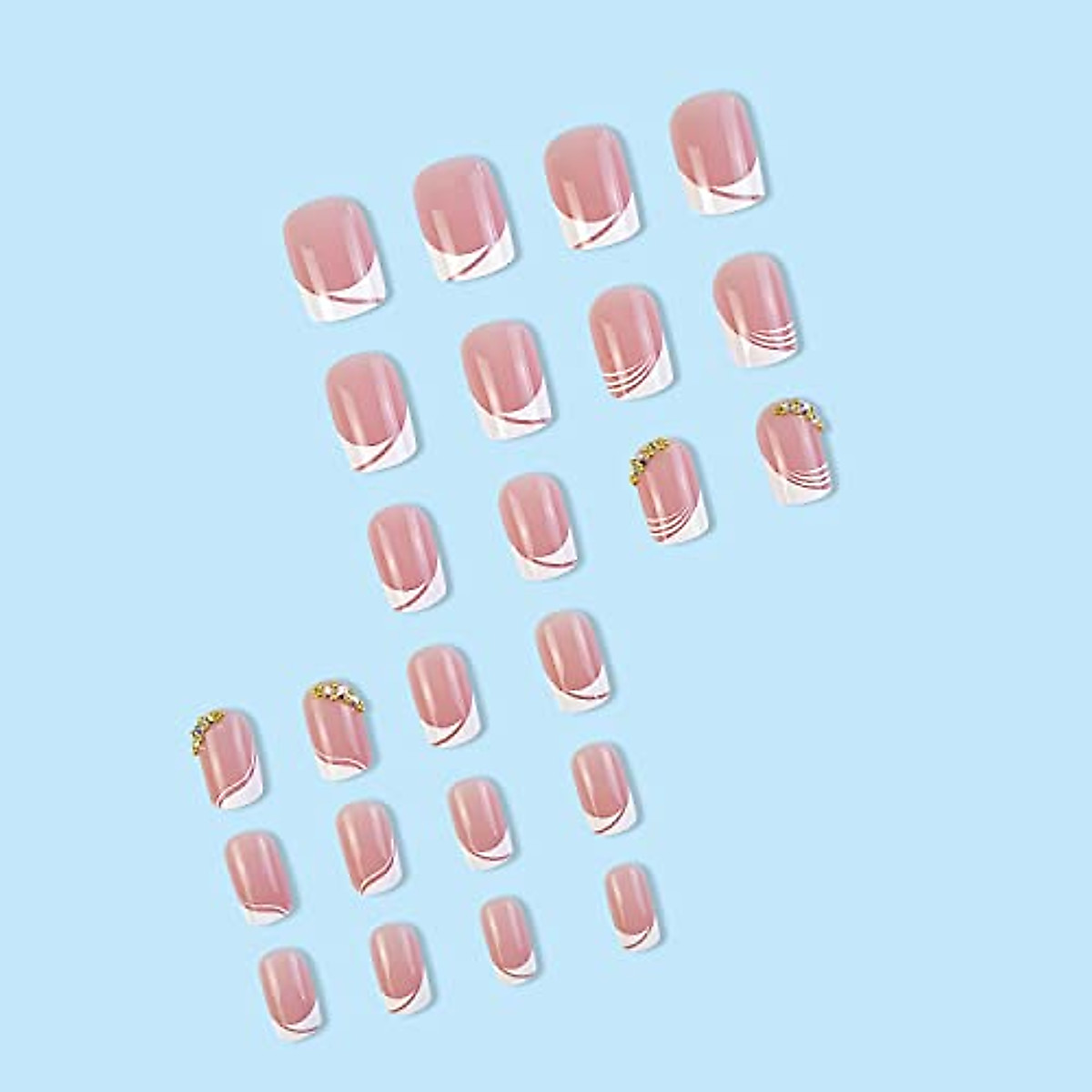 Short Press on Nails Square French Fake Nails Acrylic Nude Pink False Nails with Rhinestone Designs Artificial Glossy Nails Full Cover Glue on Nails Stick on Nails for Women