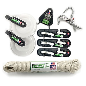 Everlast Pulleys #100 Clothesline Kit Complete with 2 Pulleys, 3 Separators, 1 Line Tightener, 2 Hooks, and 100 feet of Premium #8 Clothesline. Perfect for Hanging Laundry. Easy to Set up!