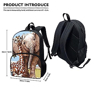 Salabomia Elephant Giraffe Kids School Bookbag 3 in 1 Set School Bag with Insulated Lunch Bag Pencil Case, Lightweight Kids Backpack Boys Girls for Elementary School, Blue and Brown