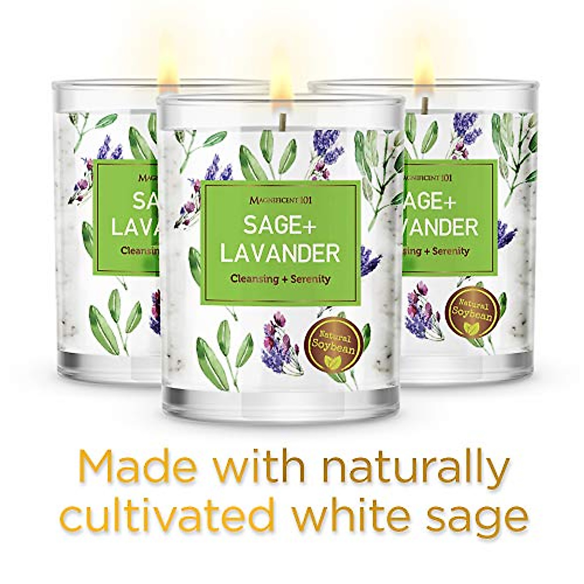 MAGNIFICENT 101 Pure Sage + Lavender Smudge Set of 3 Candles for House Energy Cleansing, Banish Negative Energy I Purification and Chakra Healing - Natural Soy Wax Candles for Aromatherapy