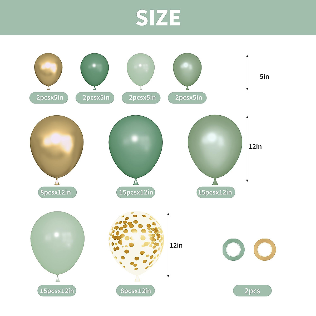 72Pcs Sage Green Balloons Set, Green Latex Balloon with 12inch 5inch Pearl Green Balloons Metallic Gold Balloons Light Olive Green Coffetti Balloons for Baby Shower Birthday Wedding Party Decorations