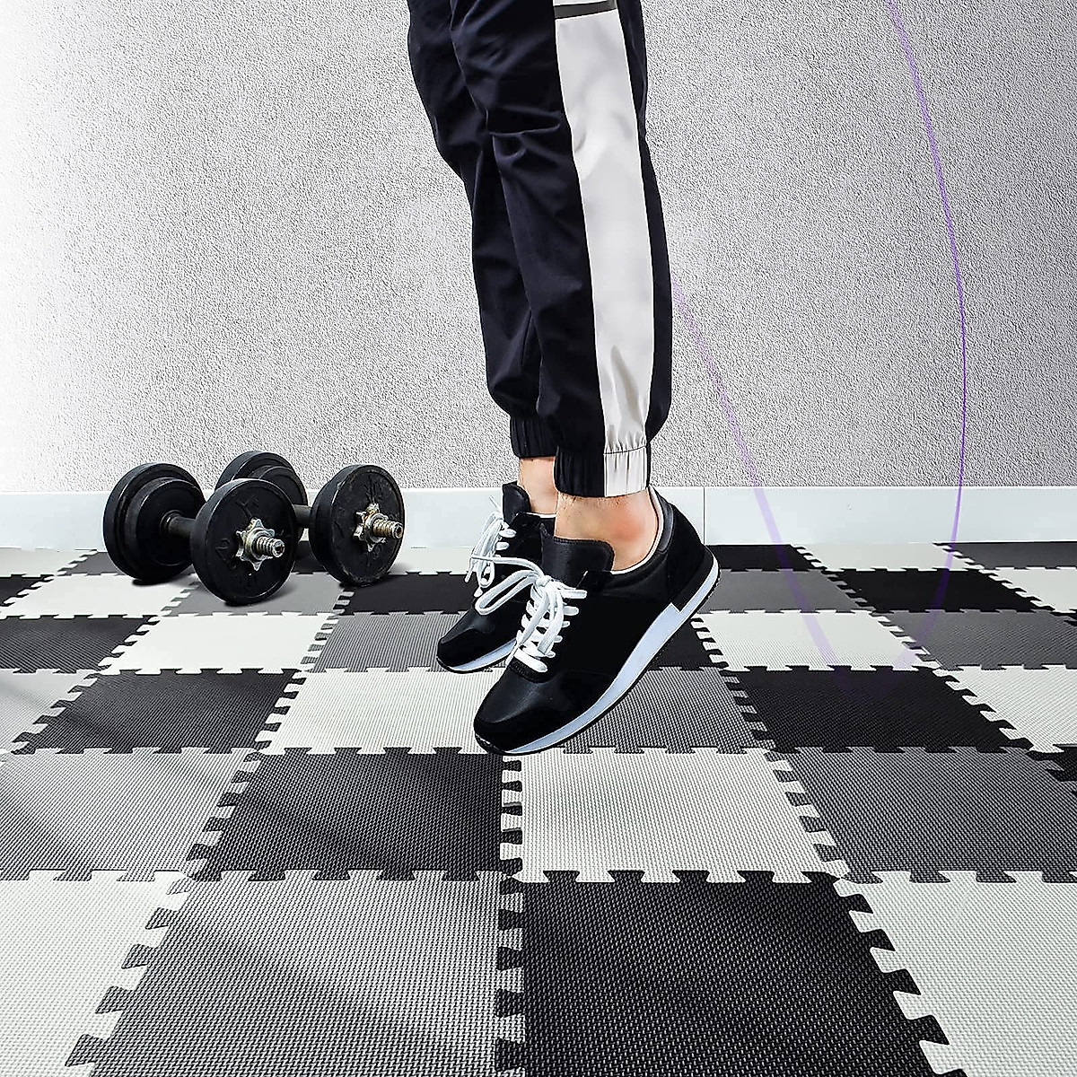 qqpp EVA Rubber 18 Tiles Interlocking Puzzle Foam Floor Mats - Baby Play Mat for Playing | Exercise Mat for Home Workout. White, Black, Gray. QC-ADLb18N