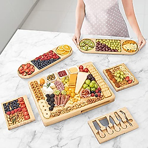Charcuterie Board Set - FamRica Extra Large Cheese Board with 2 Drawers, Bamboo Cheese Tray Serving Board - Unique, Wedding, Housewarming, Birthday Gifts