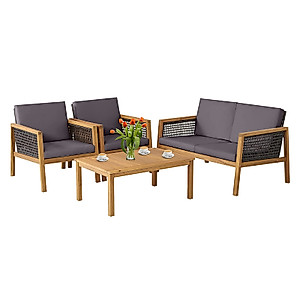 PATIOJOY 4 Pieces Outdoor Acacia Wood Furniture Sofa Set, Outdoor PE Wicker Conversation Set with Coffee Table and Soft Cushions for Garden, Poolside and Backyard (1, Grey)