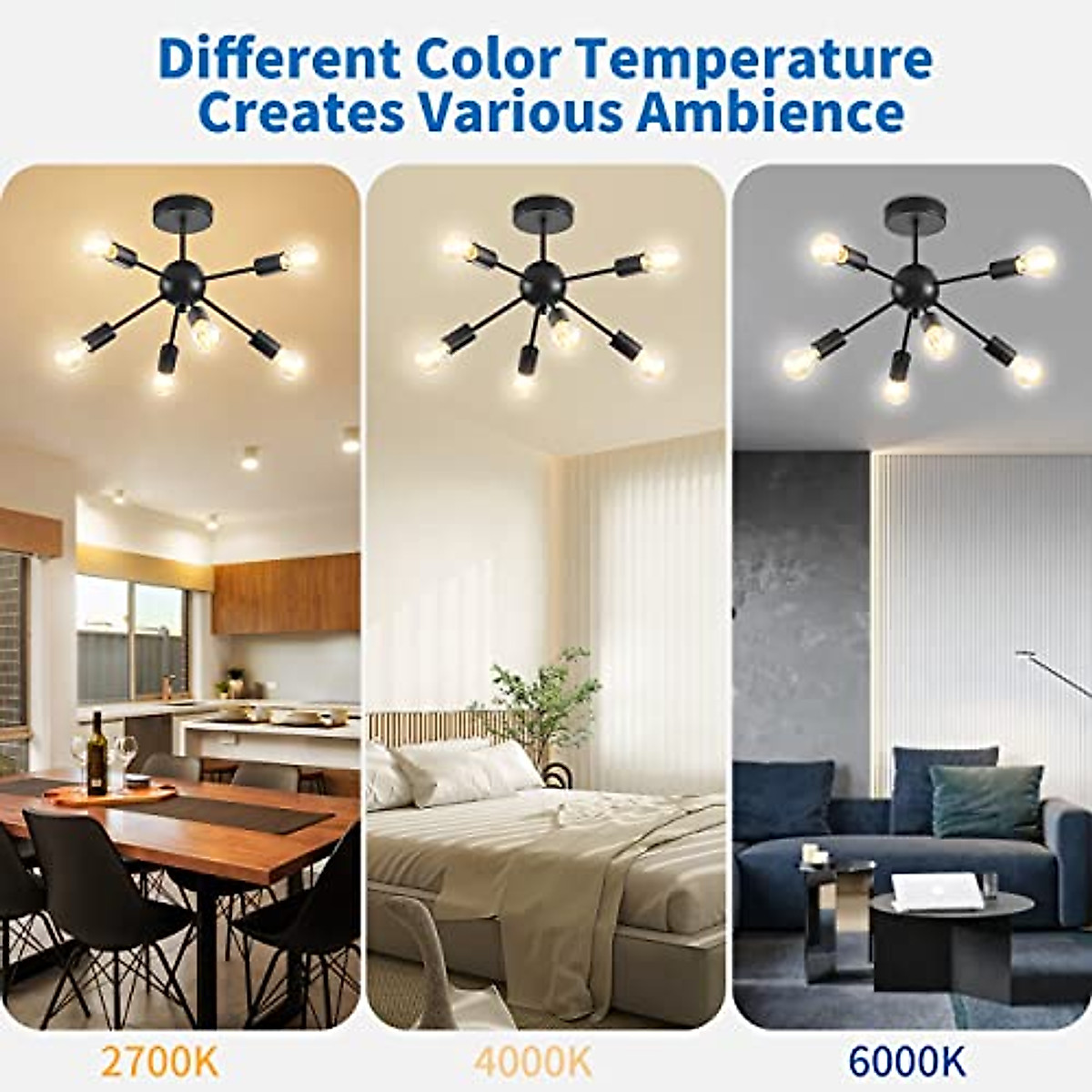 ANWIO Sputnik Chandeliers 6-Light, Semi Flush Mount Vintage Classic Industrial Ceiling Light, Modern Hanging Pendant Lighting for Kitchen Island Dining Room Hallway, Black