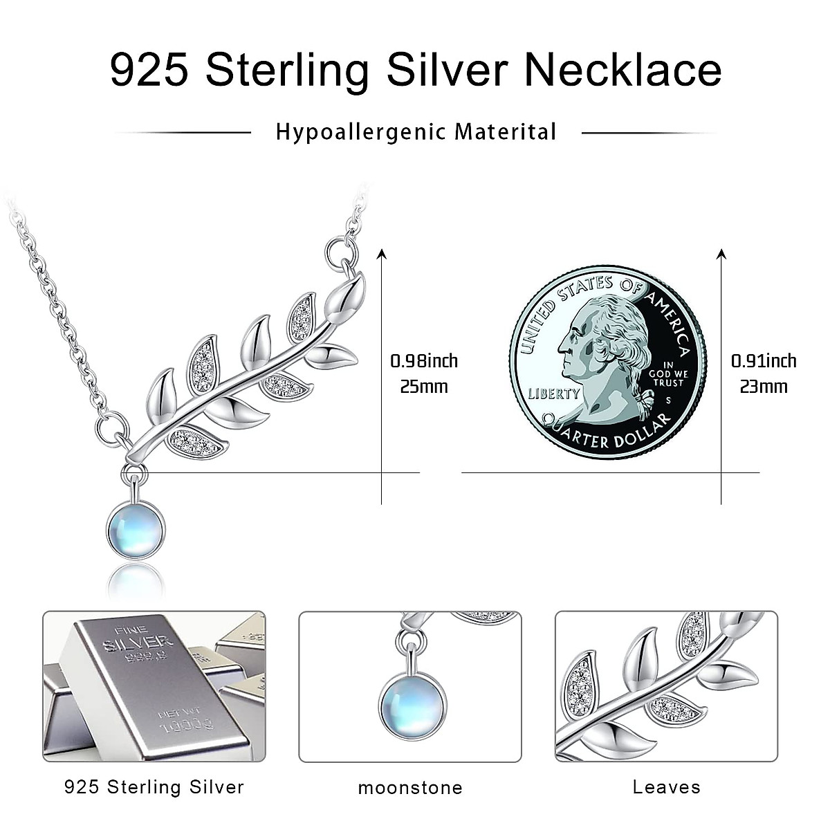 Midir&Etain 925 Sterling Silver Leaf Necklace Moonstone Pendant Moonstone Jewelry Gifts for Women Hypoallergenic Necklace for Sensitive Neck