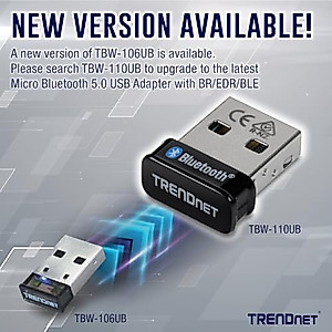 TRENDnet Low Energy Micro Bluetooth 4.0 Class I USB 2.0 with Distance up to 100Meters/328 Feet. Compatible with Win 8.1/8/7/Vista/XP Classic Bluetooth, and Stereo Headset, TBW-106UB