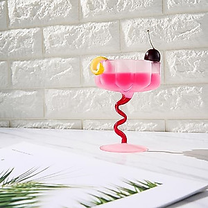 Colorful Wiggly Spiral Cocktail Coupe Glass | Fun Swirly Squiggly Stem Dessert Glass | Frosted Pink & Red Colored Pastel Flower Shaped Glasses, Unique Goblet, Cocktails & Wine Glassware