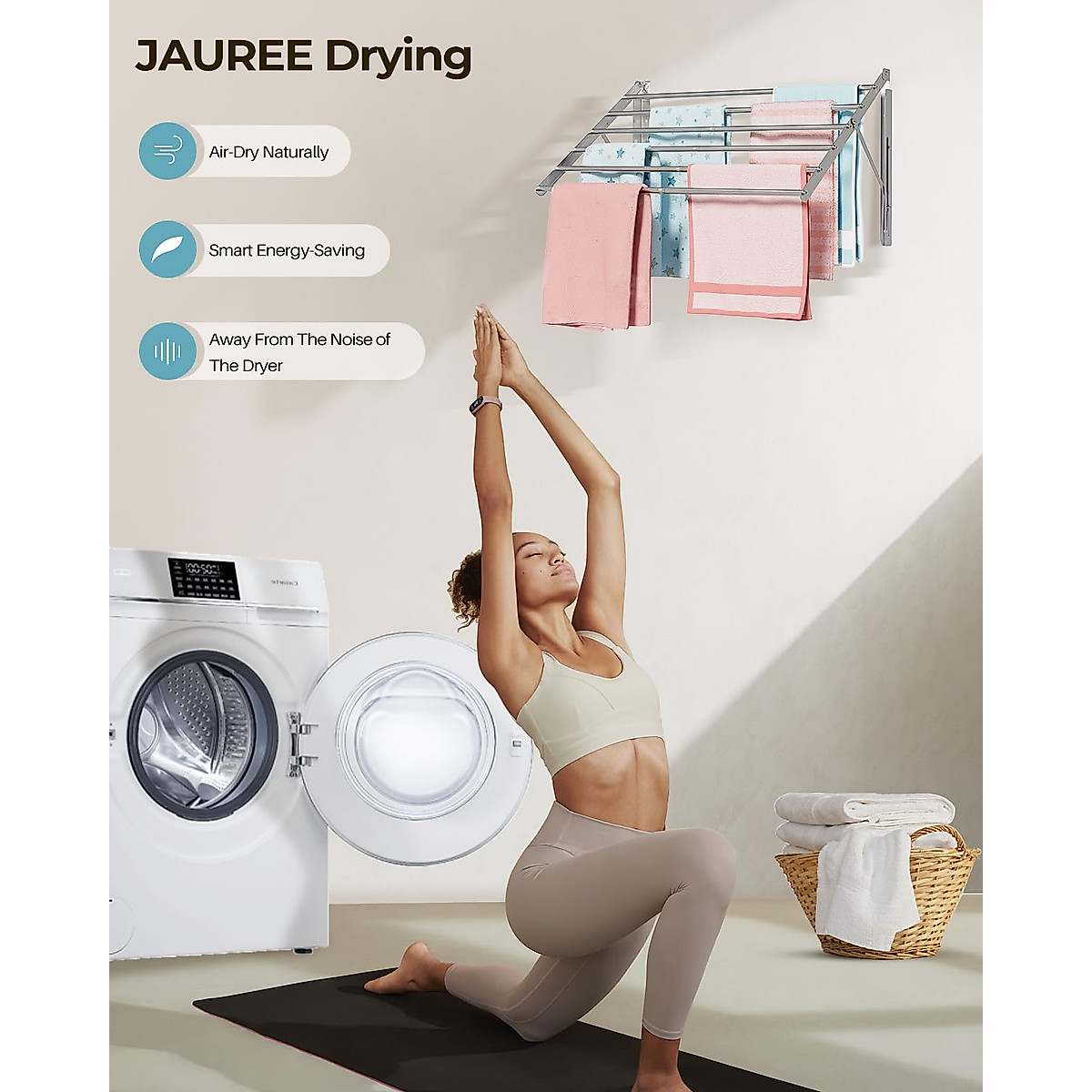 JAUREE Wall Mounted Clothes Drying Rack, Laundry Drying Rack Stainless Steel, Wall Drying Rack Clothing Foldable with 6 Drying Rods, Space Saving Wall Clothes Dryer Rack