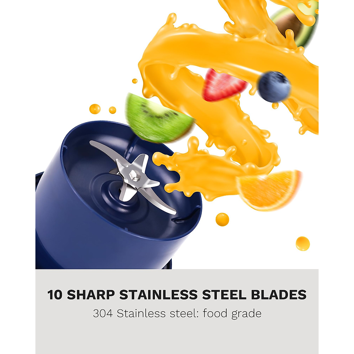 Portable Blender, 32 oz Portable Blender for Smoothies, Small Personal Blender with 10 Blades, Smoothie Blender with Travel Lid and Straw, Portable Juicer Blender for Travel, Sports (Blue)