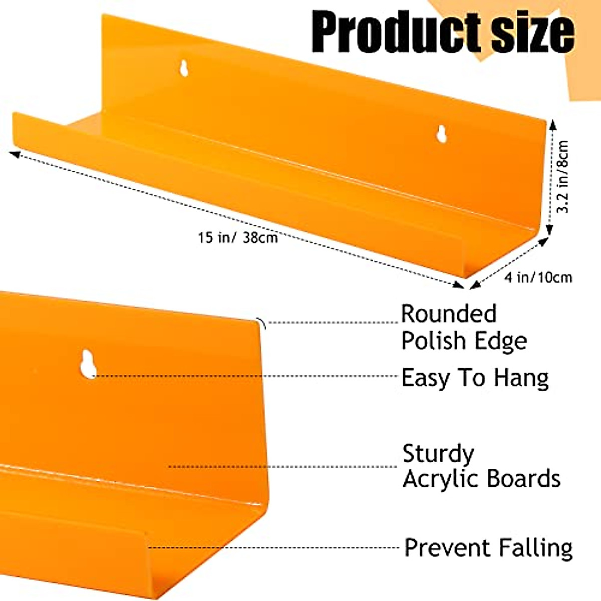 Namalu 4 Pcs Acrylic Floating Shelves 15" Wall Mounted Floating Bookshelf for Kids Room Orange Display Ledge Wall Shelves for Bathroom Bedroom Living Room Kitchen Organizer