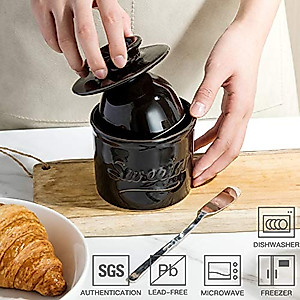 Sweejar Porcelain Butter Crock Keeper, French Butter Dish Keeps the Butter Fresh Soft & Spreadable, Serving Butter Easy for Bread Lovers Breakfast Kitchen Counter (Black)
