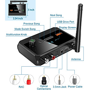 KAIY Bluetooth 5.3 Receiver for Home Stereo, Optical Low Latency & HD Music Audio Bluetooth to RCA Adapter for Stereo/Speakers/Wired Speakers/Home Audio Music Streaming Stereo System, Support AUX/USB