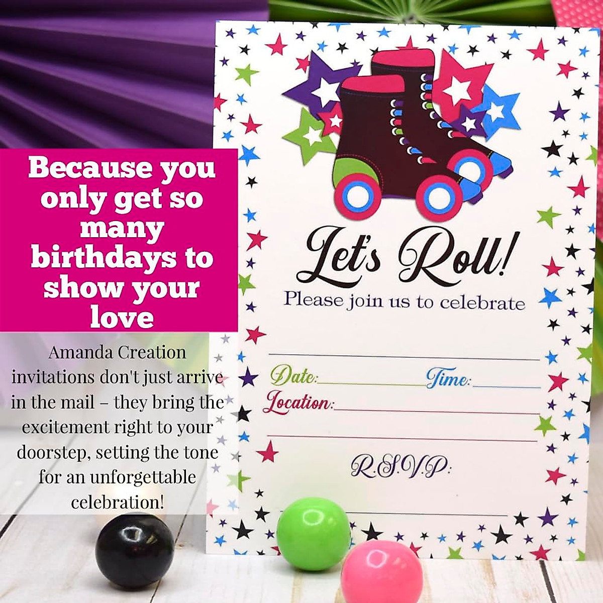 Let’s Roll Star Roller Skating Birthday Party Invitations, 20 5x7 Fill In Cards with Twenty White Envelopes by AmandaCreation
