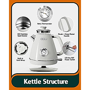 Hazel Quinn Retro Electric Kettle - 1.7 Liters / 57.5 Ounces Tea Kettle with Thermometer, All Stainless Steel, Fast Boiling 1200 W, BPA-free, Cordless, Rotational Base, Automatic Shut Off - Ice Gray